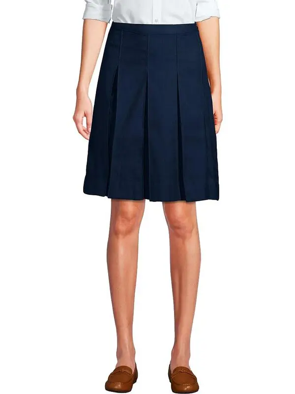 LANDS' END Solid Box Pleat Above Knee Skirt - Academic Classic Navy