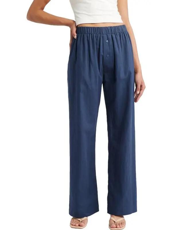 ARTLESS FOREVER Pull-on Linen & Cotton Wide Leg Pants - Navy Blue