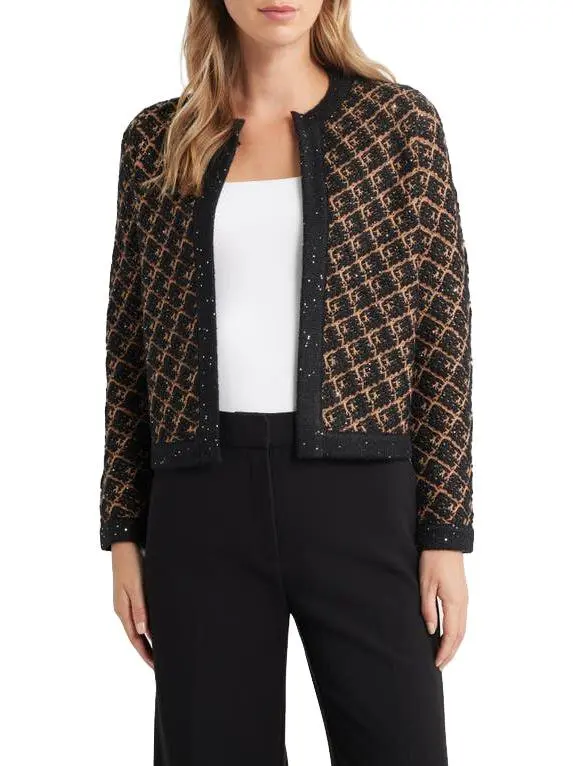 Anne Klein Plaid Sequin Cardigan - Anne Black/vicuna