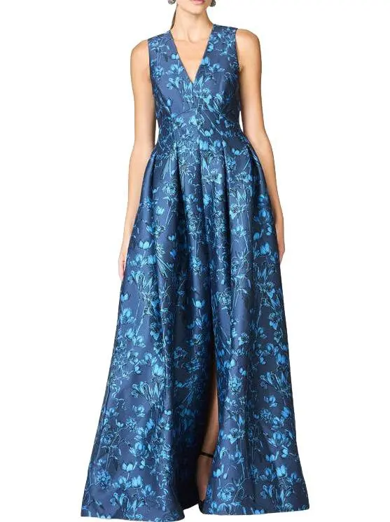 Sachin & Babi Floral Sleeveless Empire Waist Mikado Gown - Mystic Blue Garden