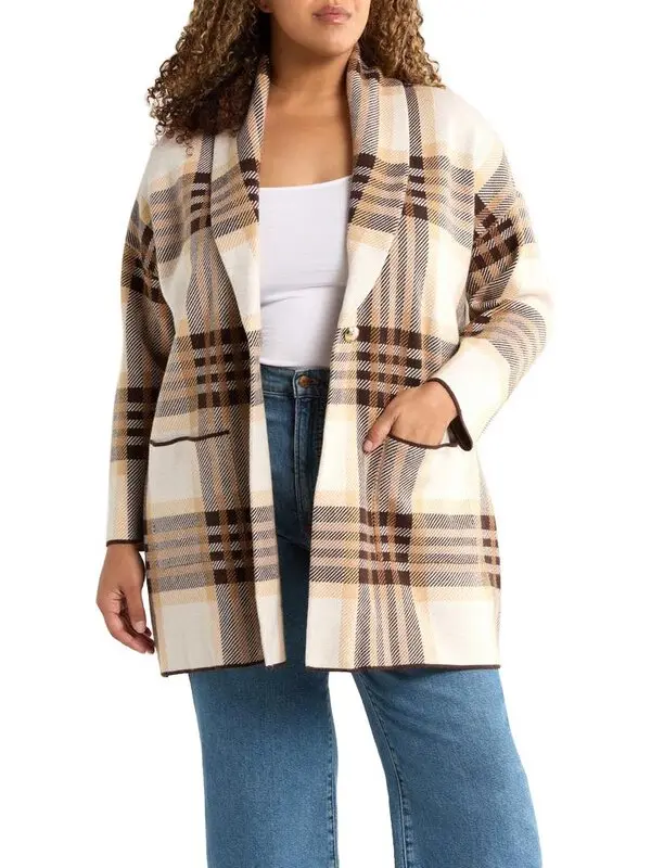 Jones New York Shawl Collar Printed Sweater Coat - Coffee Bean Multi