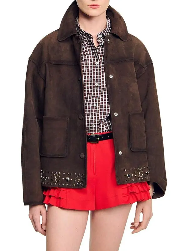 Sandro Studded Suede Leather Jacket - Brown