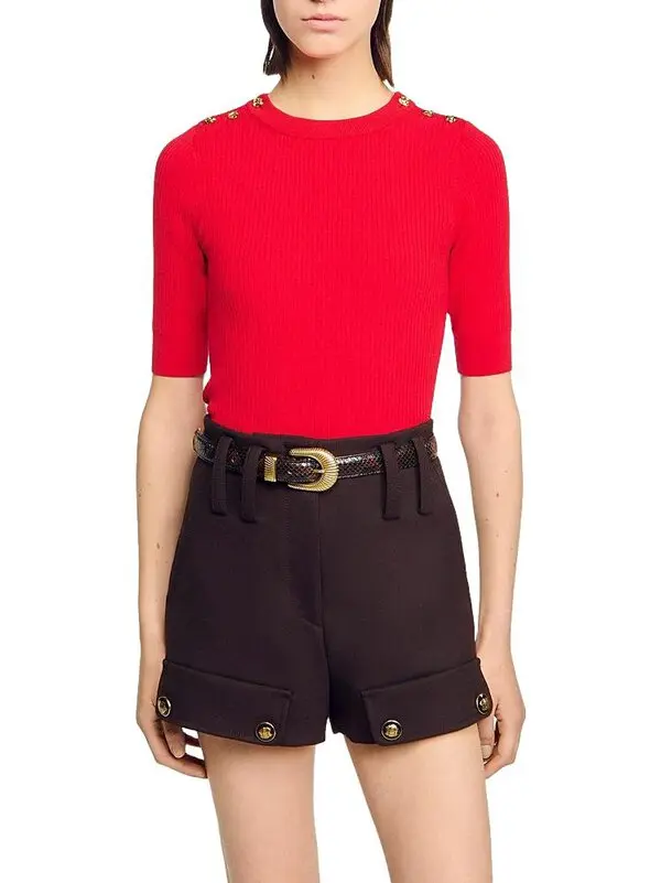Sandro Short Sleeve Rib Knit Sweater - Red