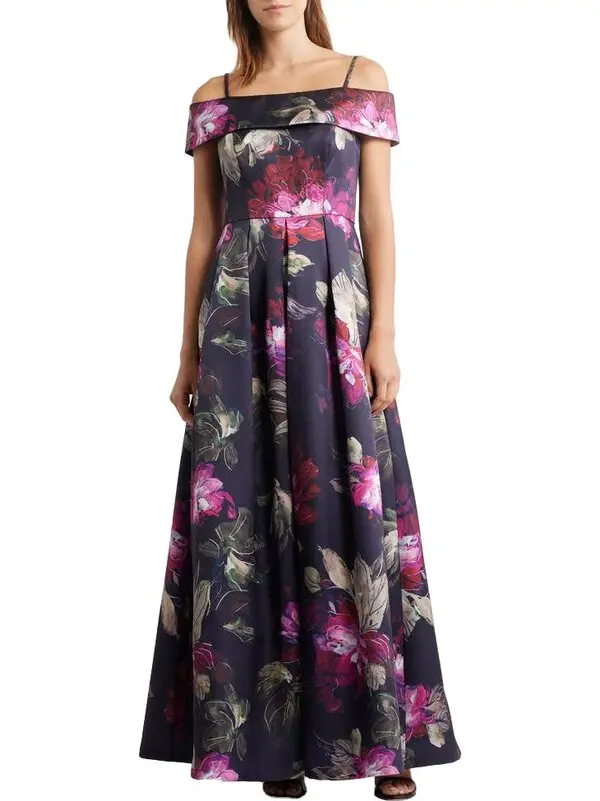 Eliza J Floral Off-the-shoulder Gown - Navy Multi