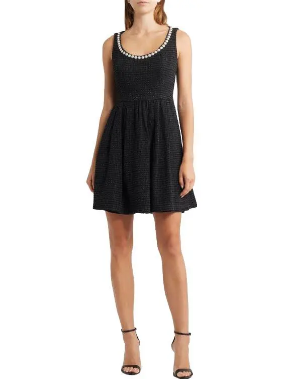 Eliza J Faux Pearl And Crystal Detail Tweed Dress - Black