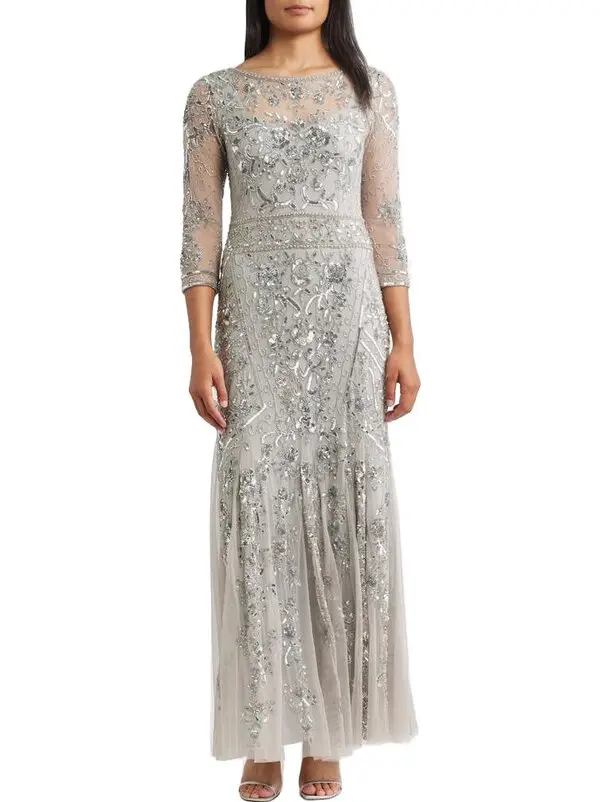 Pisarro Nights Beaded Chiffon Column Gown - Silver