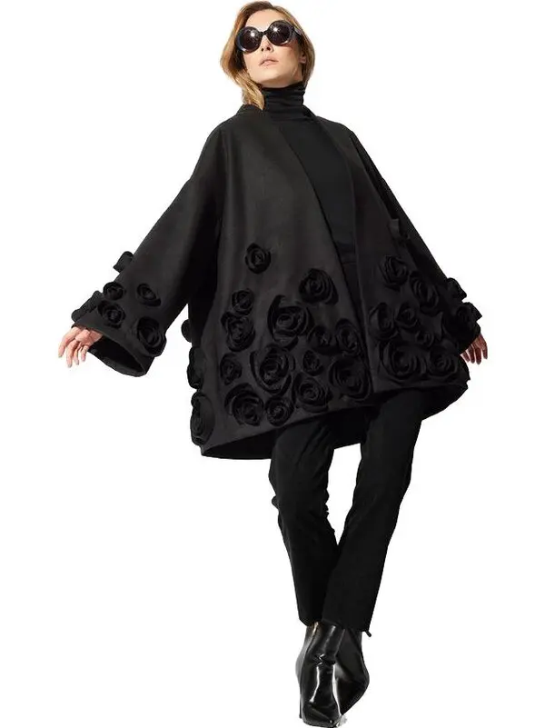 Natori Felted Trapeze Coat With 3d Floral Embroidery - Black