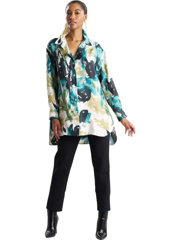 Natori Mira Silk Twill Oversized Shirt - Teal