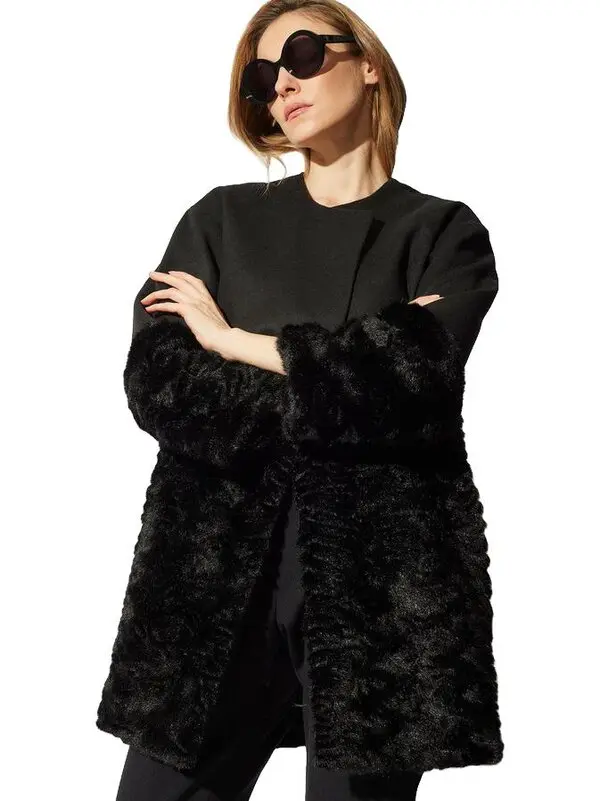 Natori Felt Astrakan Fur Coat - Black