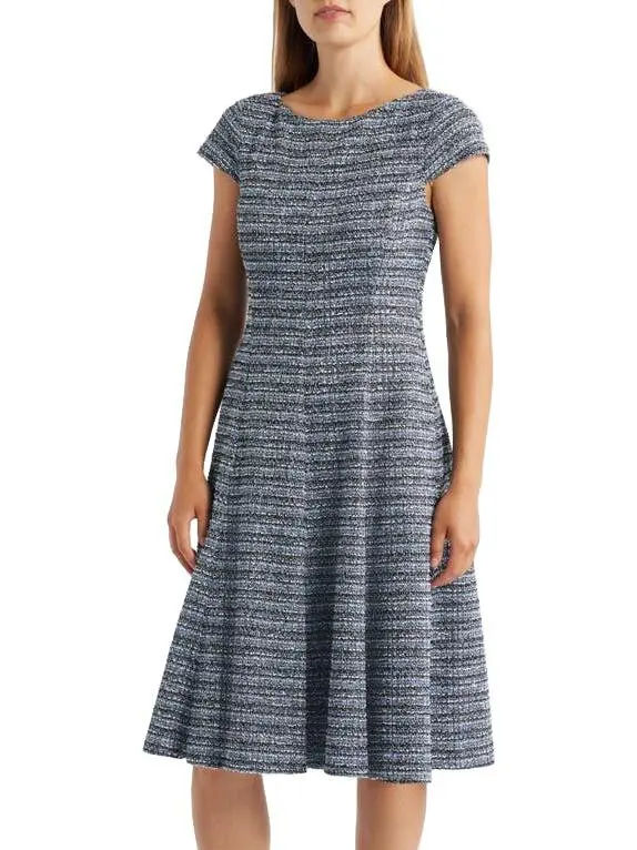 Eliza J Tweed Cap Sleeve Fit & Flare Dress - Black Blue