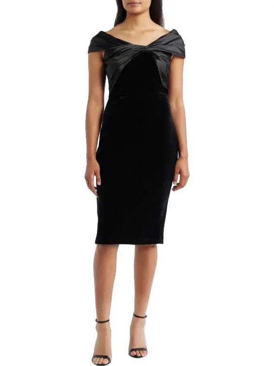 Eliza J Satin Wrap Detail Velvet Sheath Dress - Black