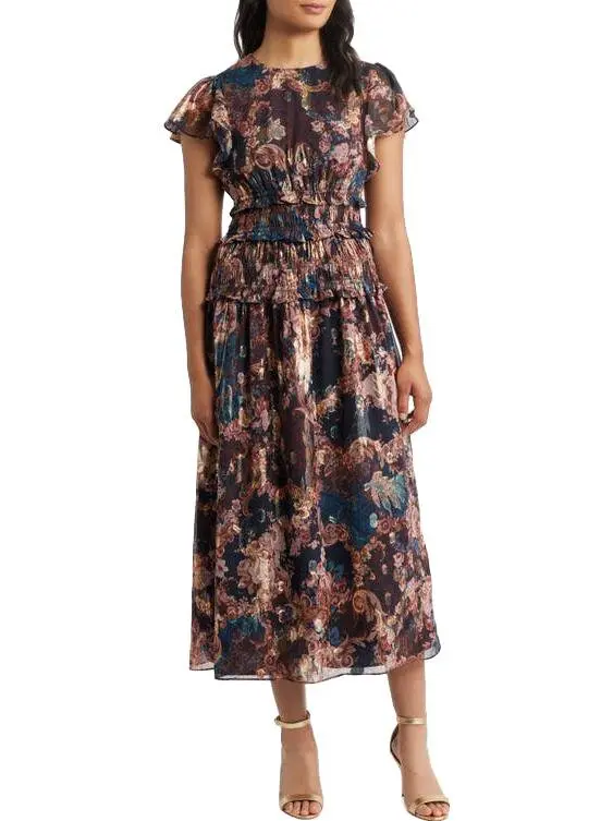 Eliza J Metallic Floral Flutter Sleeve Midi Dress - Navy Multi