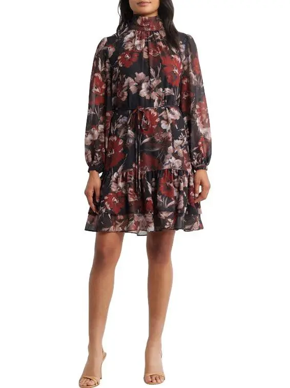 Julia Jordan Long Sleeve Mock Neck Floral Dress - Black Multi