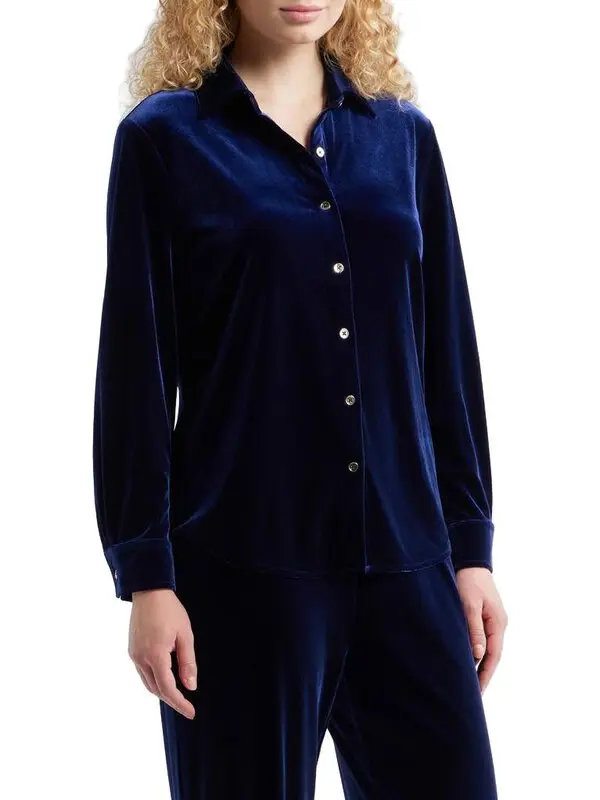 Anne Klein Long Sleeve Velvet Button-up Shirt - Admiral Blue