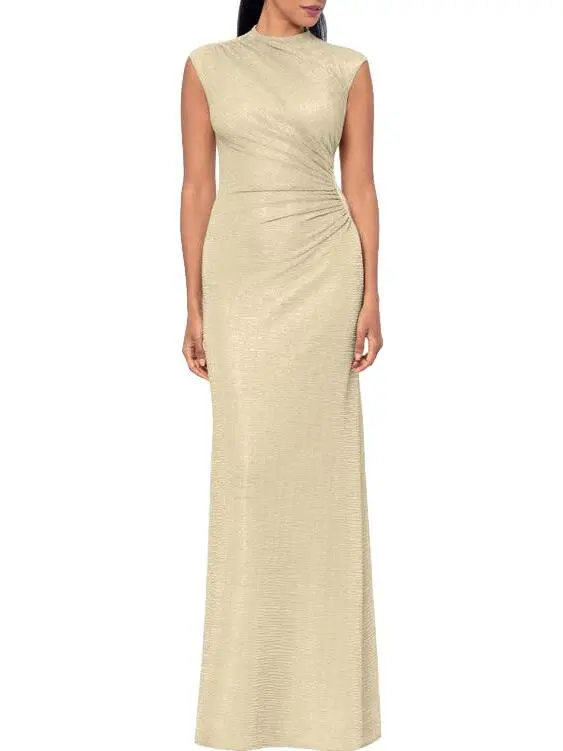 Betsy & Adam Ruched Sleeveless Crinkled Metallic Column Gown - Gold/gold