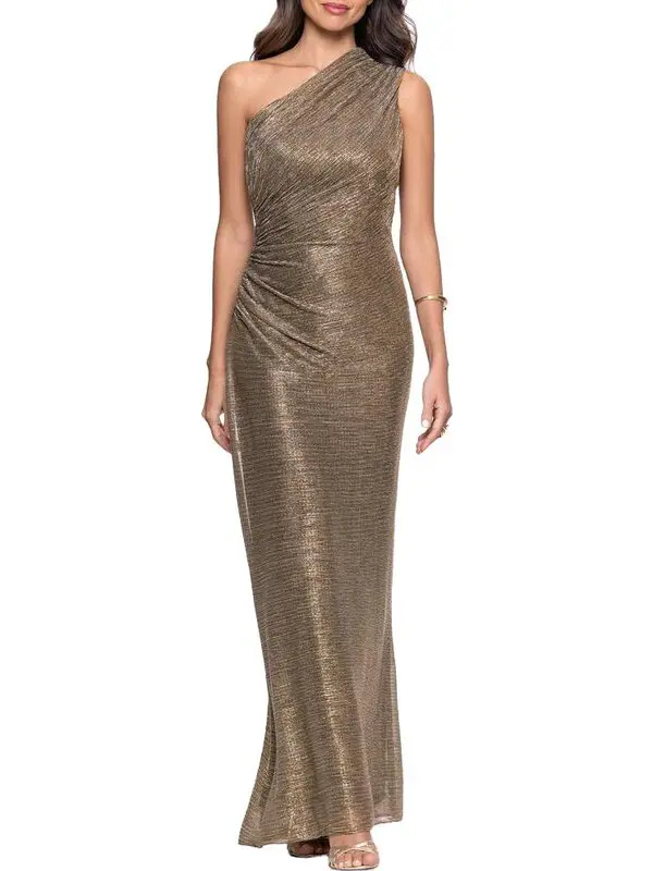 Betsy & Adam One-shoulder Metallic Crinkled Column Gown - Mocha/gold