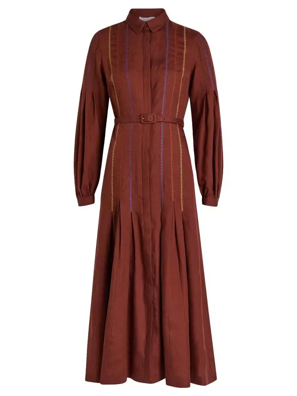 Gabriela Hearst Aleka Embroidered Linen Midi Shirt Dress - Brown Other