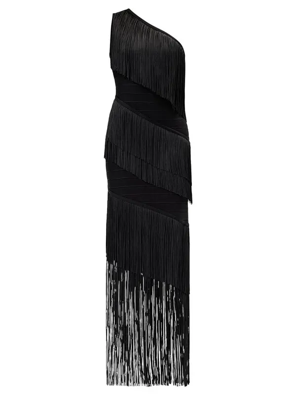 Herve Leger The Eleanor One-shoulder Fringe Gown - Black