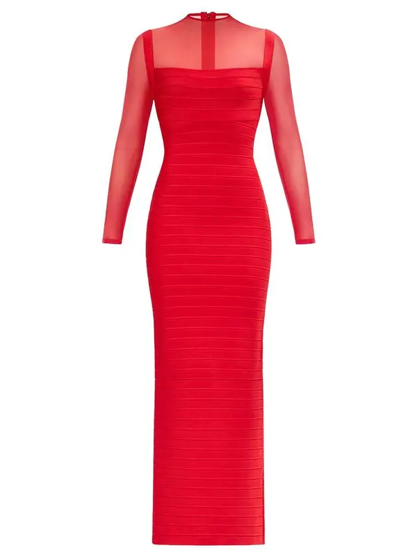 Herve Leger Ella Mock-neck Column Gown - Chili