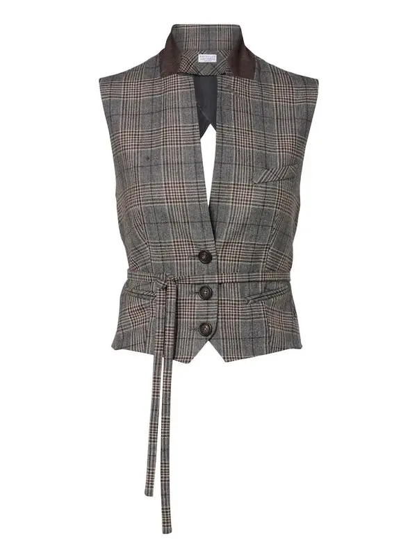 Brunello Cucinelli Belted Checked Virgin Wool Vest - Grey