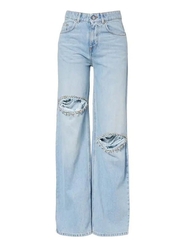 AREA Distressed Embellished Wide-leg Jeans - Blue
