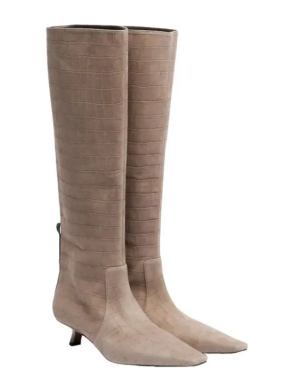 Brunello Cucinelli Monili Croc-effect Suede Knee-high Boots - Beige