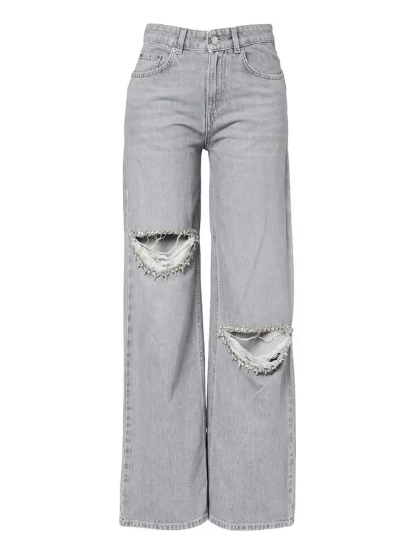 AREA Distressed Embellished Wide-leg Jeans - Grey