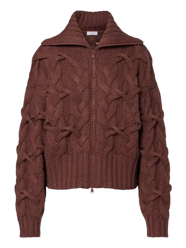 Brunello Cucinelli Cable-knit Cashmere Zip-up Cardigan - Brown