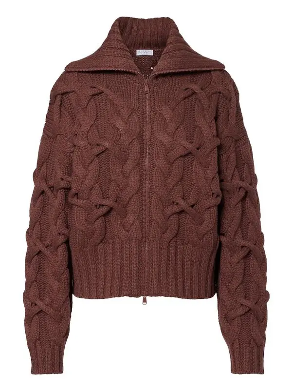 Brunello Cucinelli Cable-knit Cashmere Zip-up Cardigan - Brown