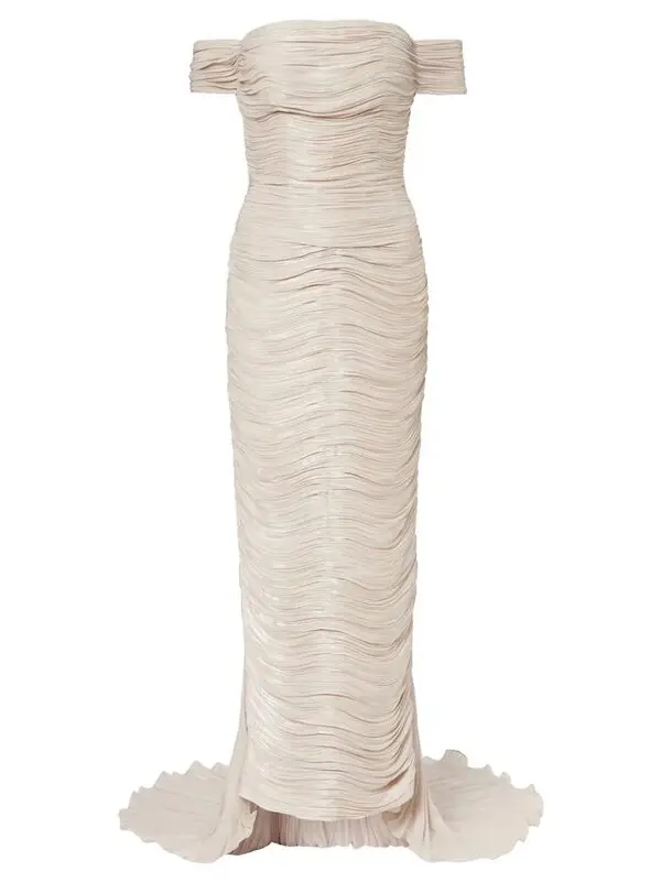 MARMAR HALIM Off-shoulder Pleated Bustier Gown - Beige