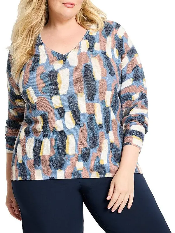 NIC+ZOE Plus Brushstrokes Waffle V-neck Sweater - Neutral Multi
