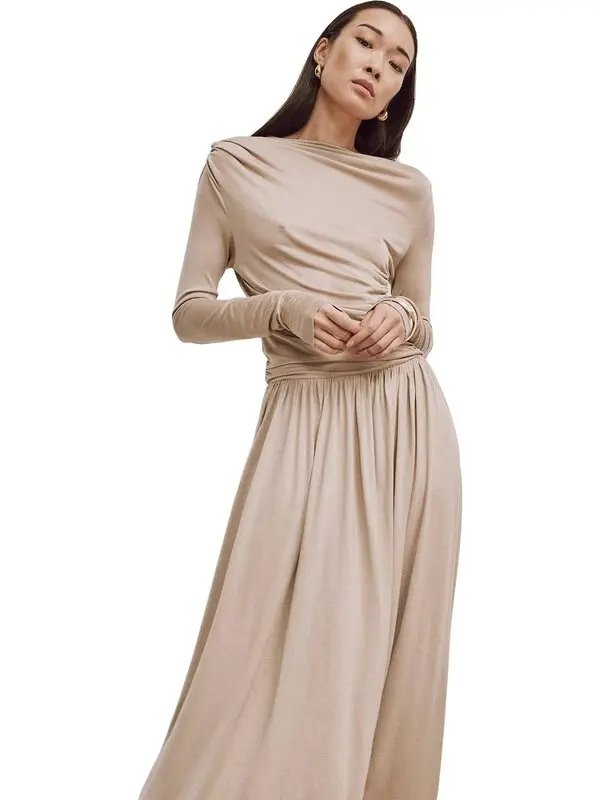 NINETY PERCENT Romy Long Sleeve Draped Maxi Dress - Taupe