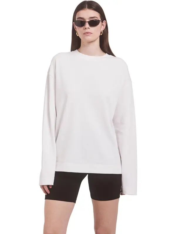 NINETY PERCENT Compact Cotton Boyfriend Long Sleeve T-shirt - White