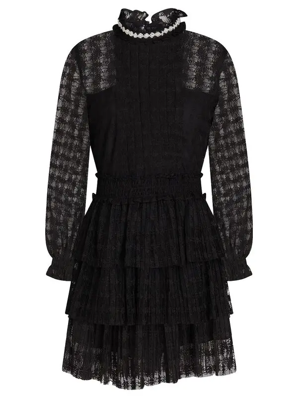 Sandro Tiered Bead-embellished Lace Mini Dress - Black