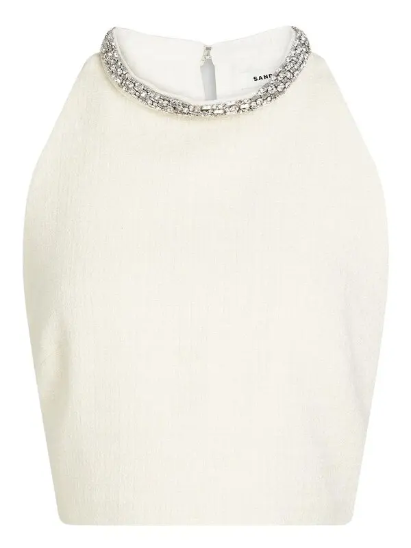 Sandro Cropped Crystal-embellished Tweed Top - Ecru