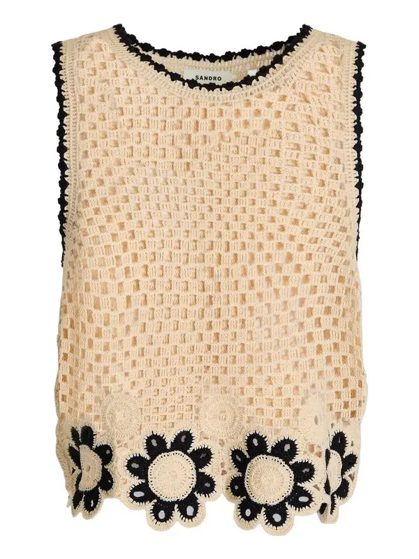 Sandro Scalloped Crochet Top - Beige