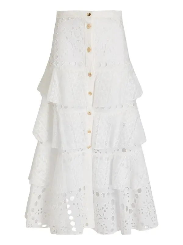 Sandro Tiered Broderie Anglaise Midi Skirt - White