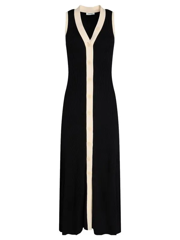 Sandro Two-tone Ribbed-knit Maxi Dress - Black