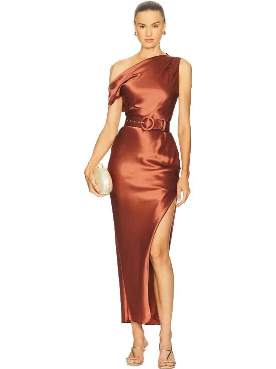 NICHOLAS Eartha Off-shoulder Satin Dress - Chestnut