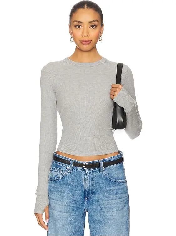 Michael Lauren Axl Long Sleeve Crop Fitted Top - Heather Grey