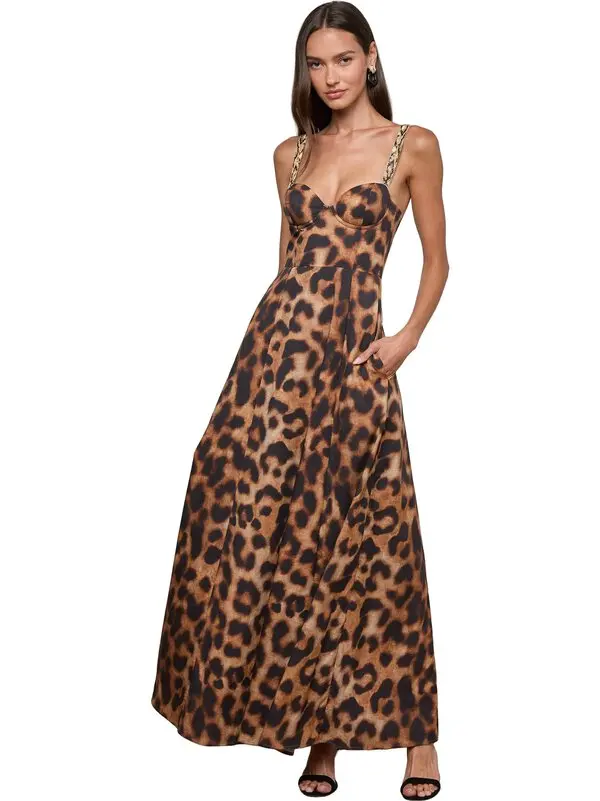 L'Agence Sutton Beaded Strap Maxi Dress - Tan/black Large Leopard