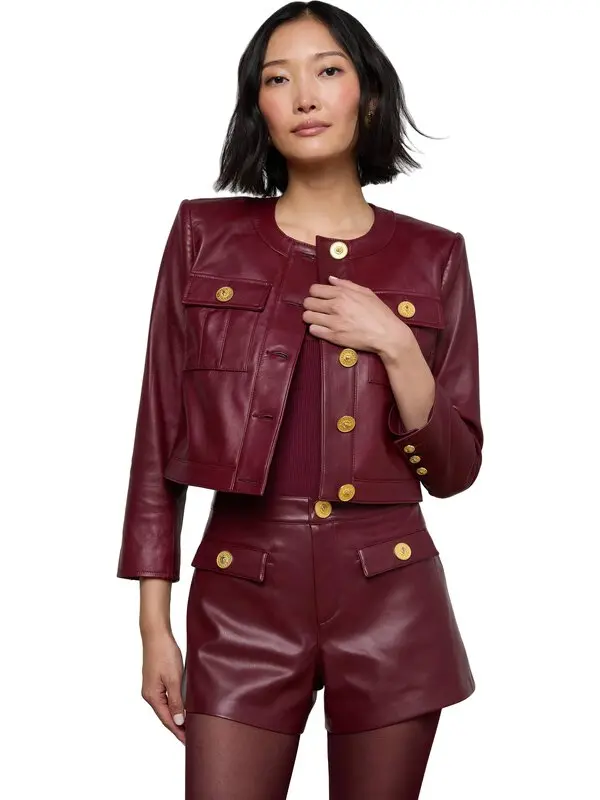 L'Agence Deidra Cropped Leather Jacket - Black Cherry