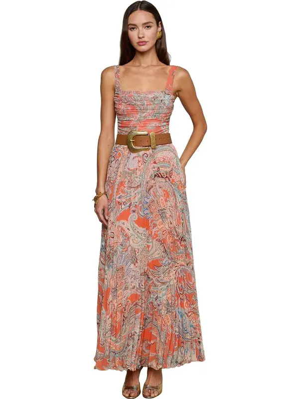 L'Agence Torin Pleated Maxi Skirt - Orange/light Blue Traditional Paisley
