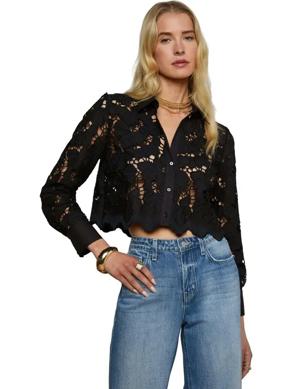 L'Agence Seychelle Cropped Eyelet Blouse Top - Black