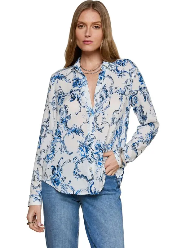 L'Agence Holly Blouse Top - White/blue Baroque Swirl