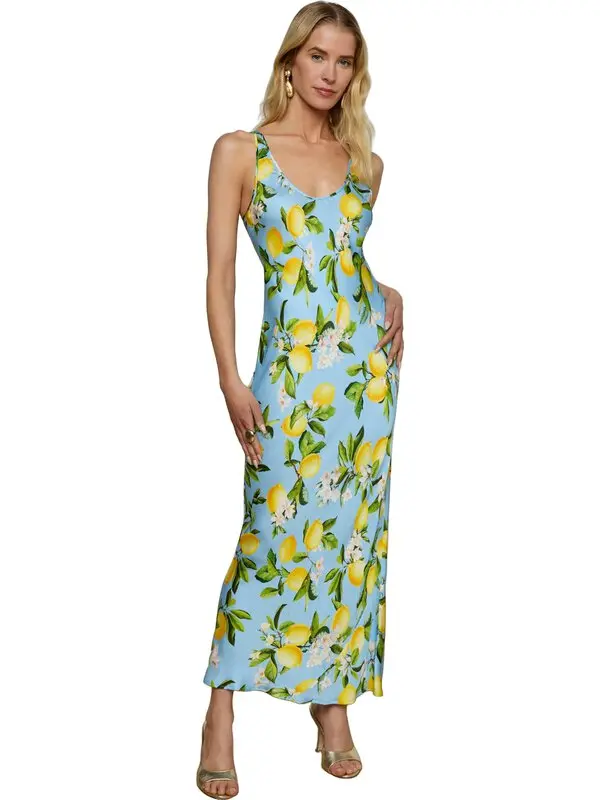 L'Agence Akiya Satin Maxi Dress - Sky Blue/yellow Floral Lemon