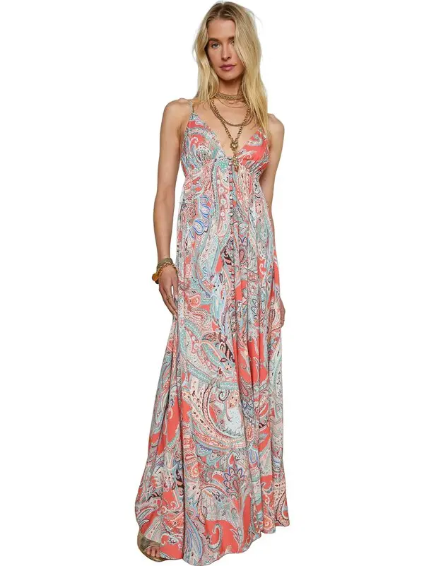 L'Agence Stefani Maxi Dress - Orange/light Blue Traditional Paisley
