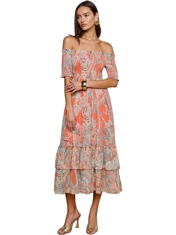 L'Agence Oriel Off-the-shoulder Dress - Orange/light Blue Traditional Paisley