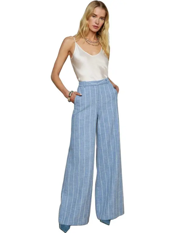 L'Agence Pilar Pinstriped Wide-leg Pants - Sky Blue/white Pinstripe