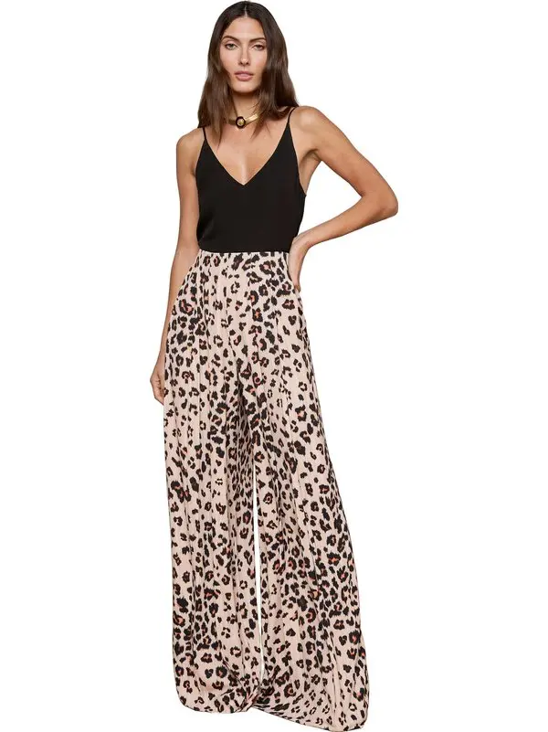 L'Agence Nova Pleated Wide-leg Trousers - Tan Multi Ikat Leopard